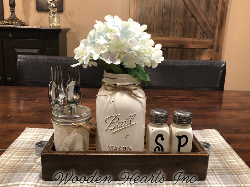 MASON Jar Kitchen 5pc SET in Antique White TRAY, Mini Quilted, Quart ...