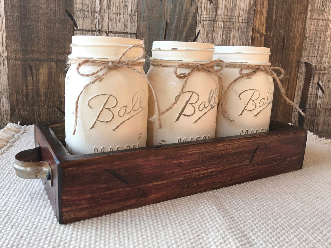 MASON Jar Decor Centerpiece, Wood Tray + 3 Ball Jars, Kitchen Home ...