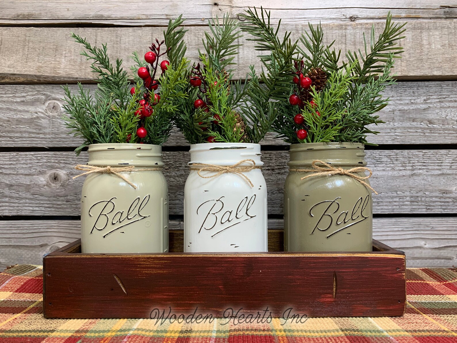 Christmas Centerpiece, Wood Tray With Painted Mason Jars - Etsy