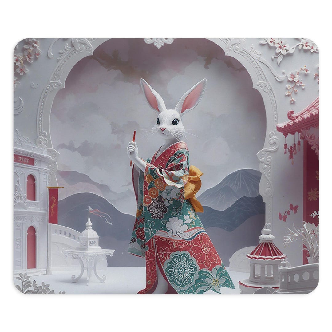 Jade Bunny Kimono Mouse Pad - White Oriental Desk Decor, Cute Animal ...