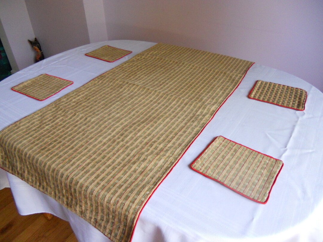 Green Velvet Table Runner and 4 Placemats, Khaki Green Table Set ...