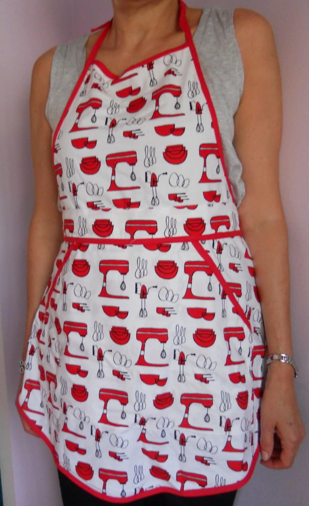 White With Kitchen Accessories Pattern Print Cotton Apron, Ready to ...