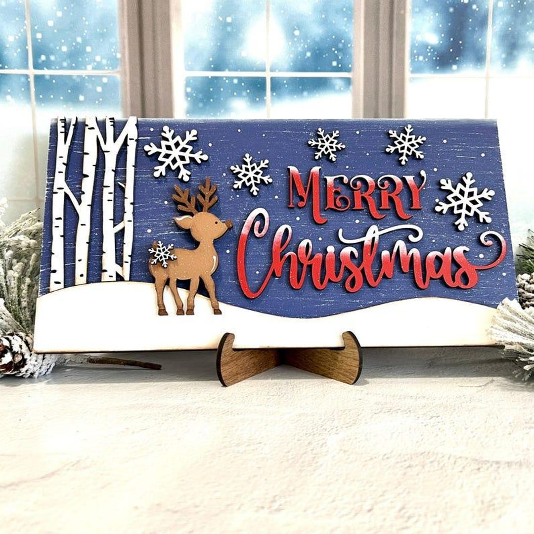 Merry Christmas Snowy Winter Sign With Easel/ Birch Trees/ Deer/ Hand ...