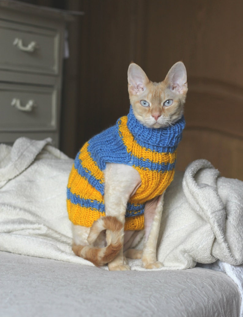 Hand knitted Cat Small Dog Sweater Jumper Jacket Blue.Yellow | Etsy