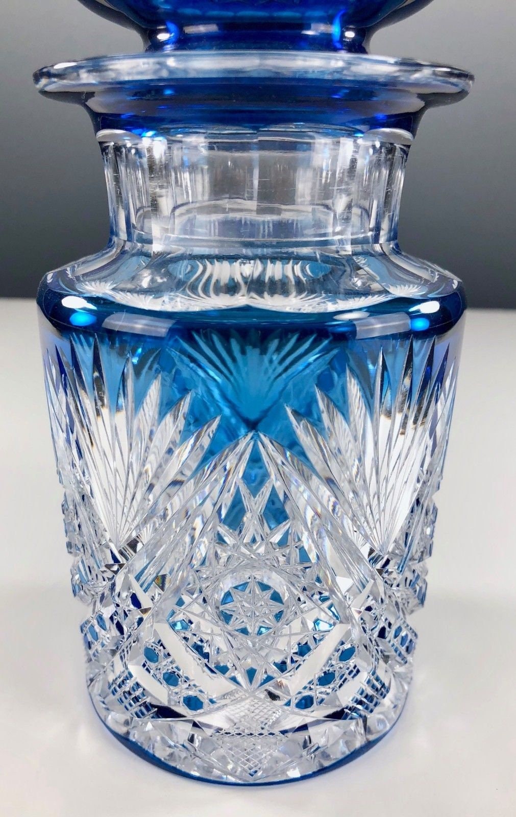 Val St Lambert Cut Glass Blue Cut To Clear Covered Jar Spectacular Blue ...