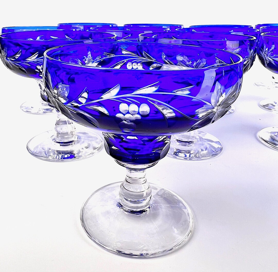 Vintage Val St Lambert 12 PCS Cobalt Blue VIGNES Pattern Champagnes ...
