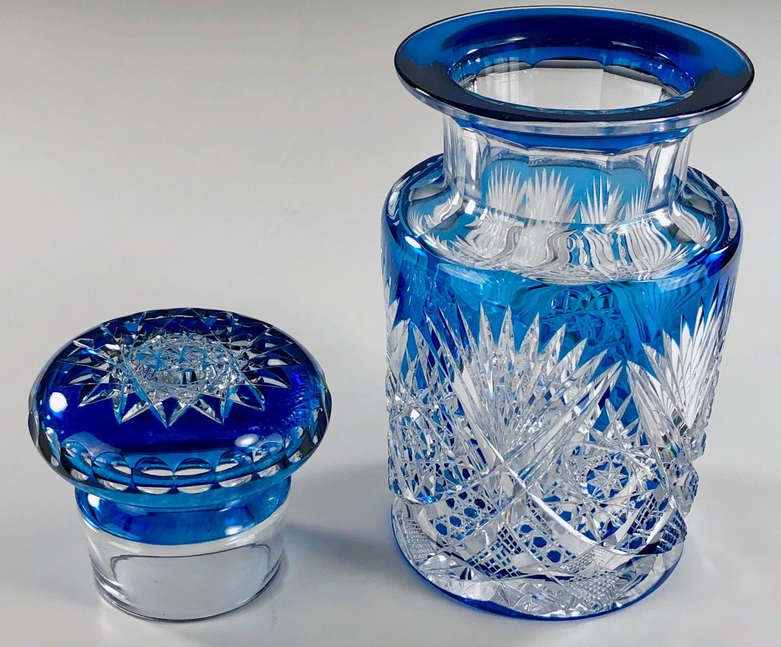Val St Lambert Cut Glass Blue Cut To Clear Covered Jar Spectacular Blue ...