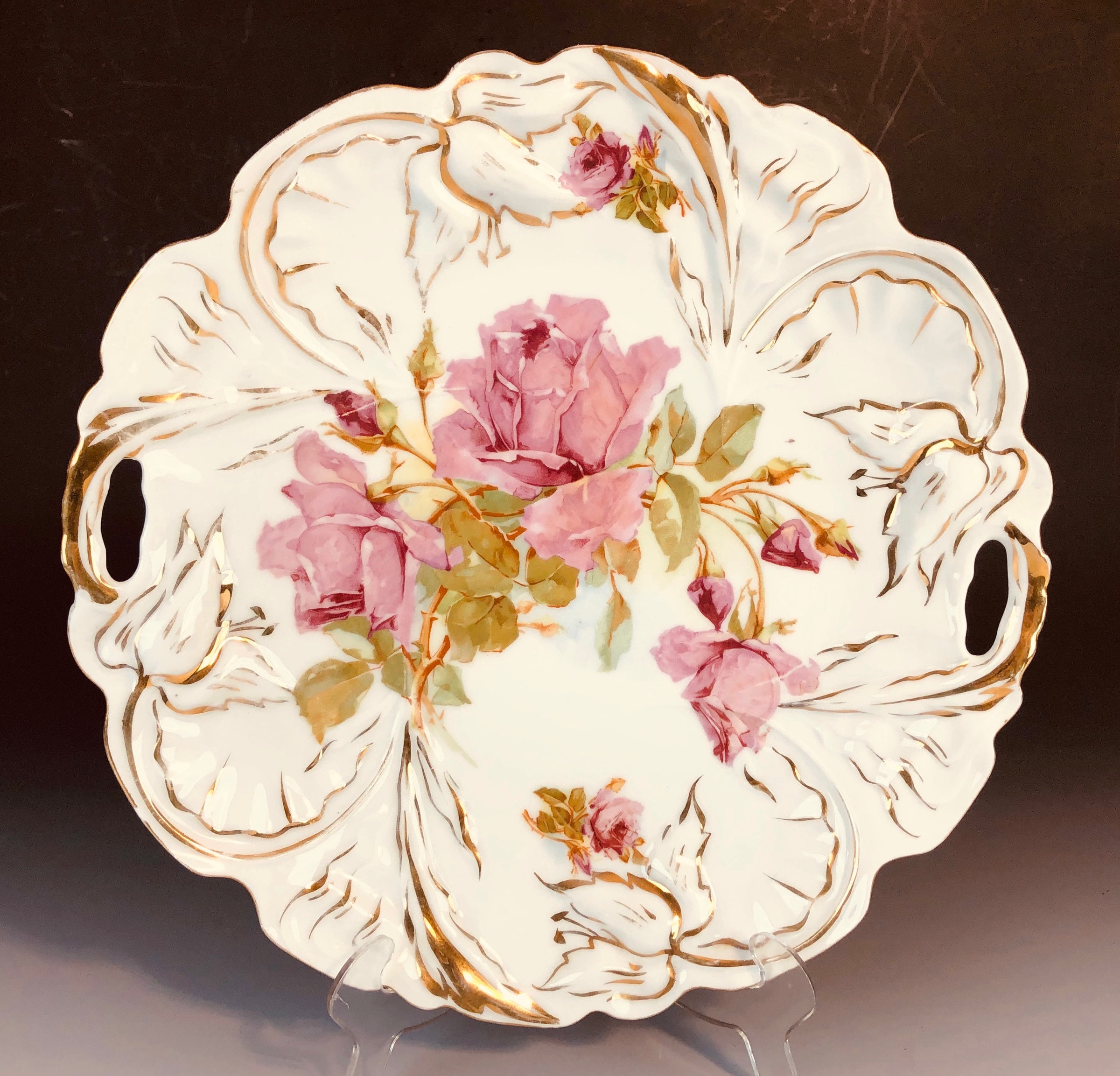 Antique Cake Plate Gilded With Pink Roses Transfer Decoration