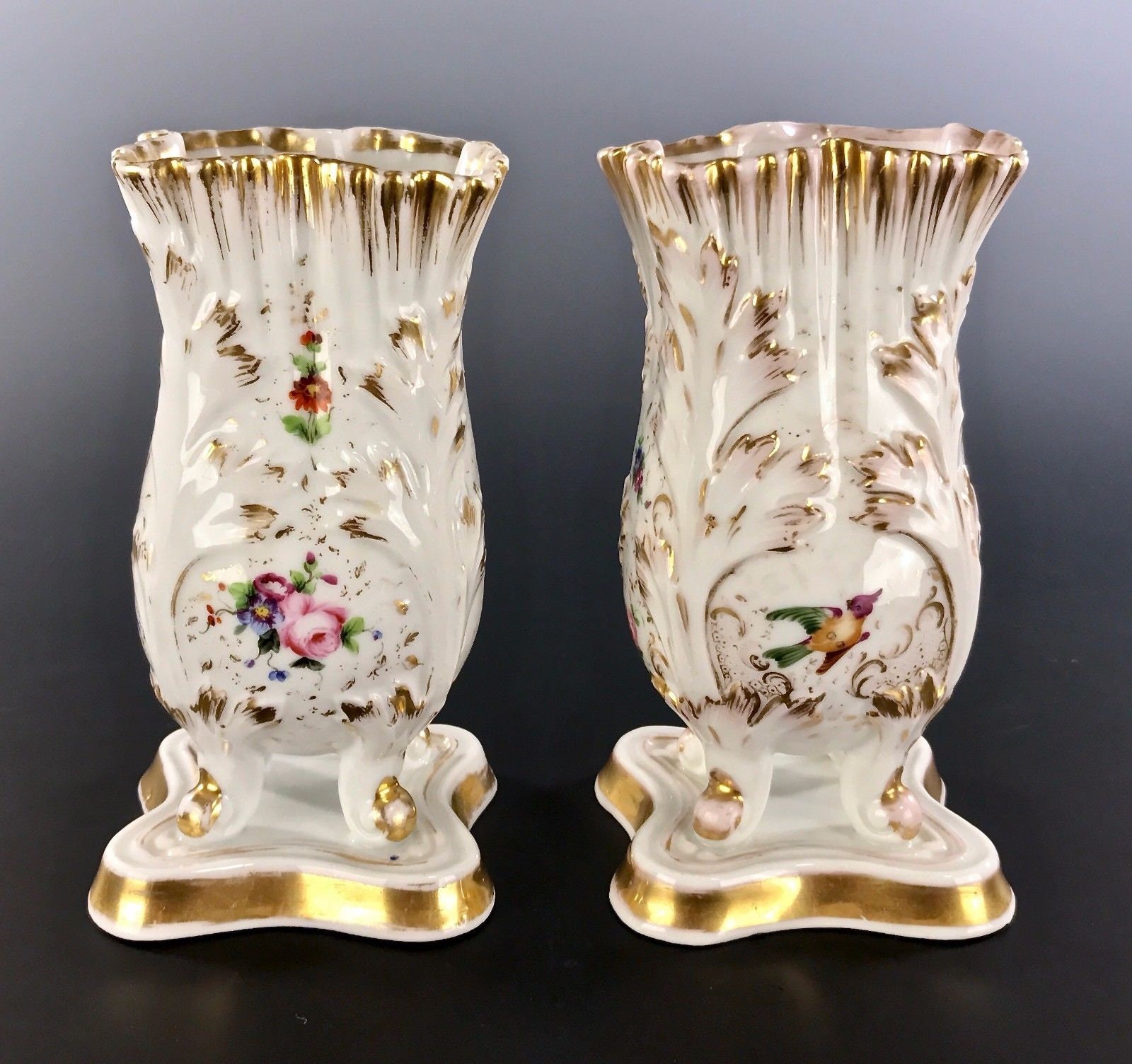 Antique OLD PARIS PORCELAIN Mantle Vases Hand Painted Birds Flowers