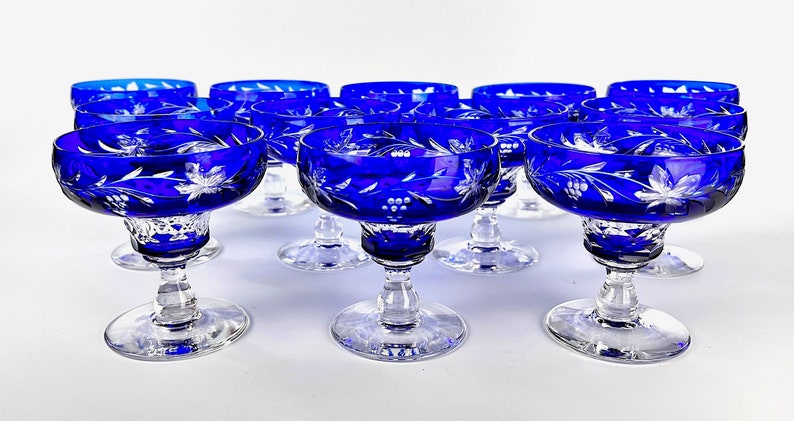 Vintage Val St Lambert 12 PCS Cobalt Blue VIGNES Pattern Champagnes ...