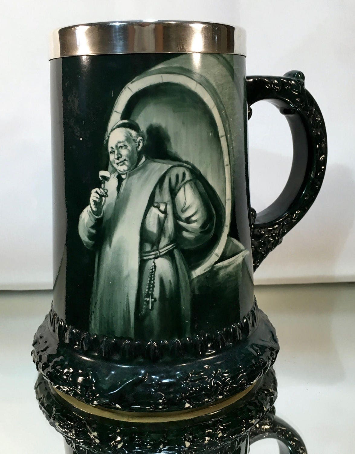 Antique Early LENOX Wine Mug Hand Painted MONK PORTRAIT Sterling Silver ...