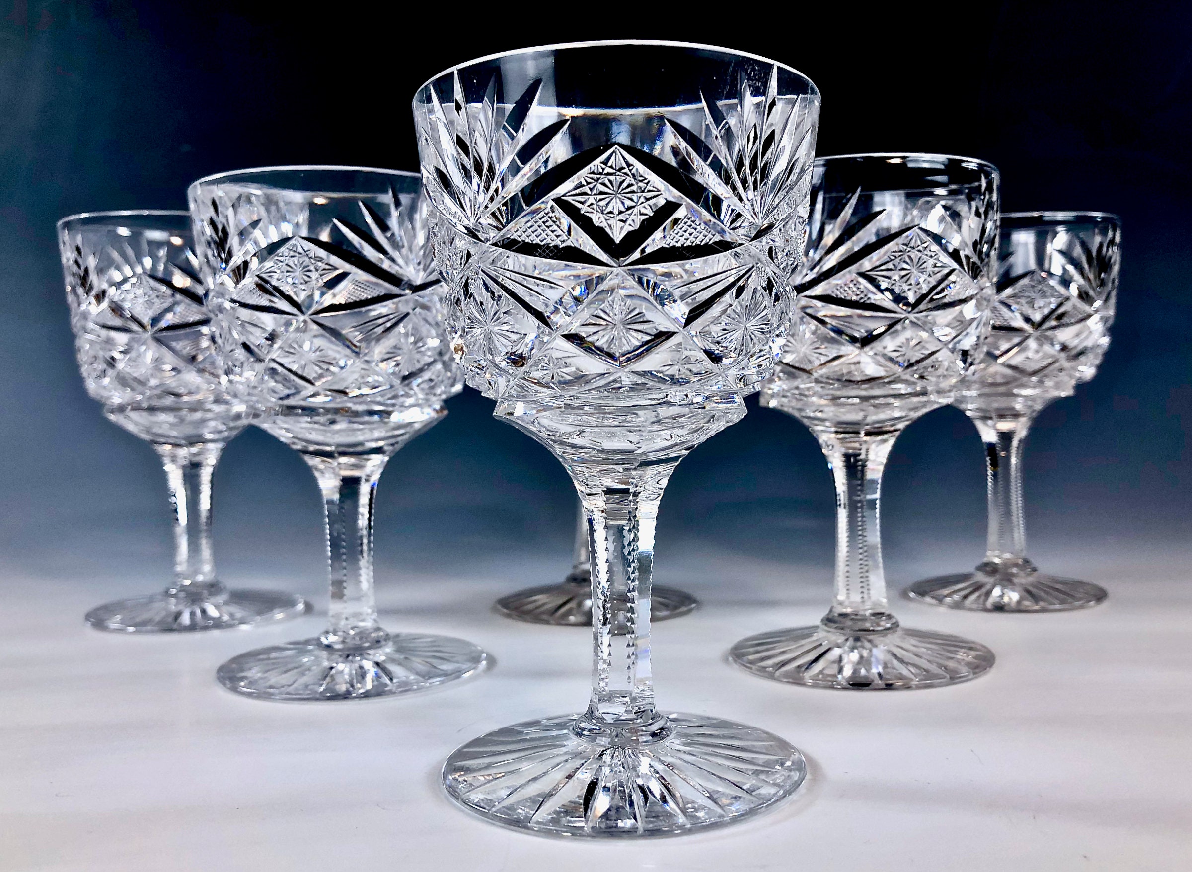 American Brilliant Cut Glass Wine Glasses Set of 6 Beautifully Cut ...