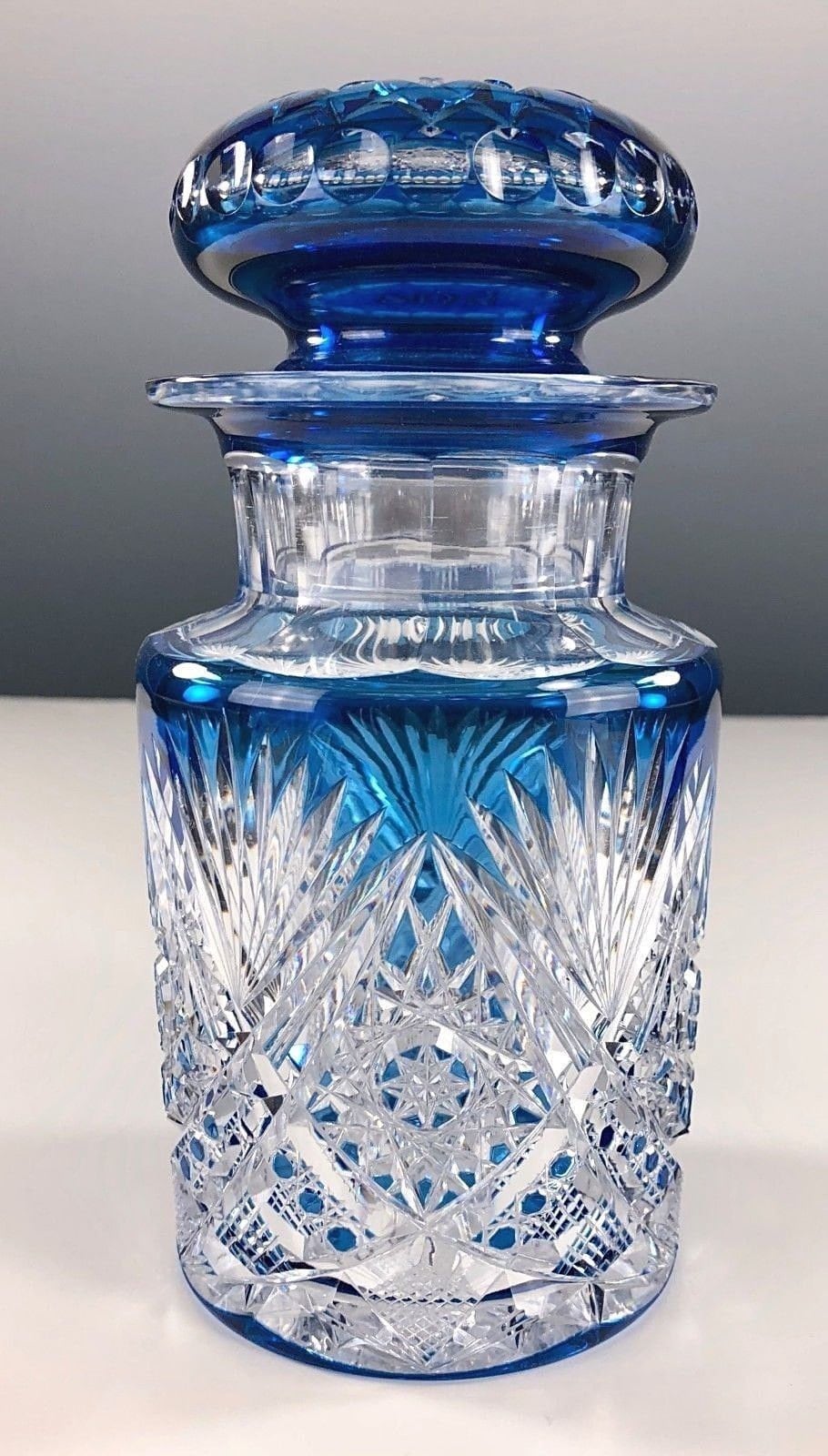 Val St Lambert Cut Glass Blue Cut To Clear Covered Jar Spectacular Blue ...