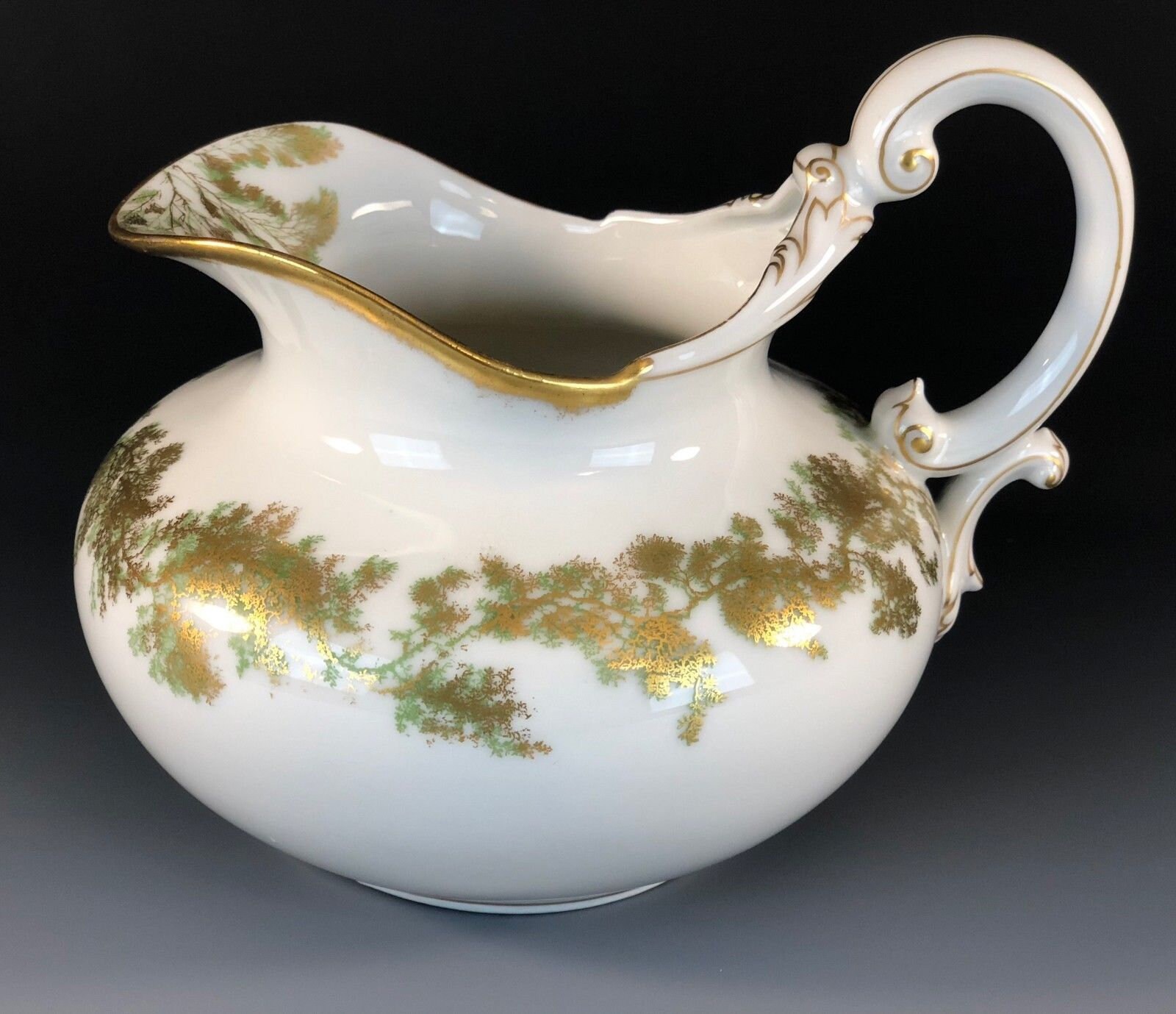Antique T&V LIMOGES Porcelain Squat Pitcher Gold Green Fern Decoration ...