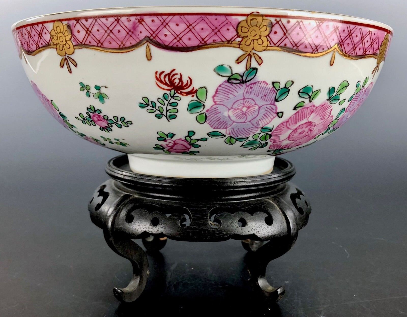 Antique ADAMS Floral Lowestoft Hand Painted Chinoiserie Bowl w Wooden Stand