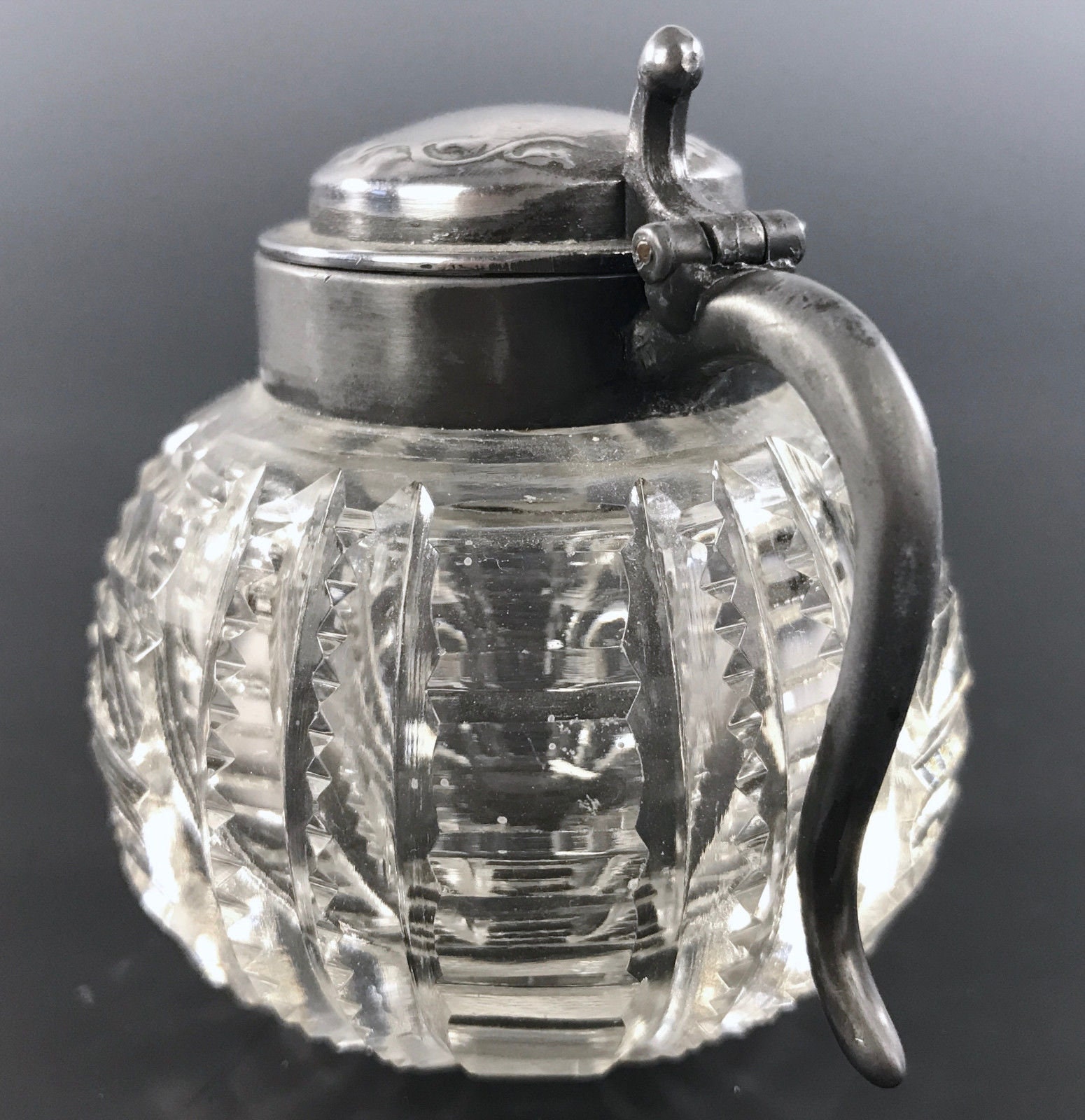 American Brilliant Cut Glass Mustard Pot Silverplated Top