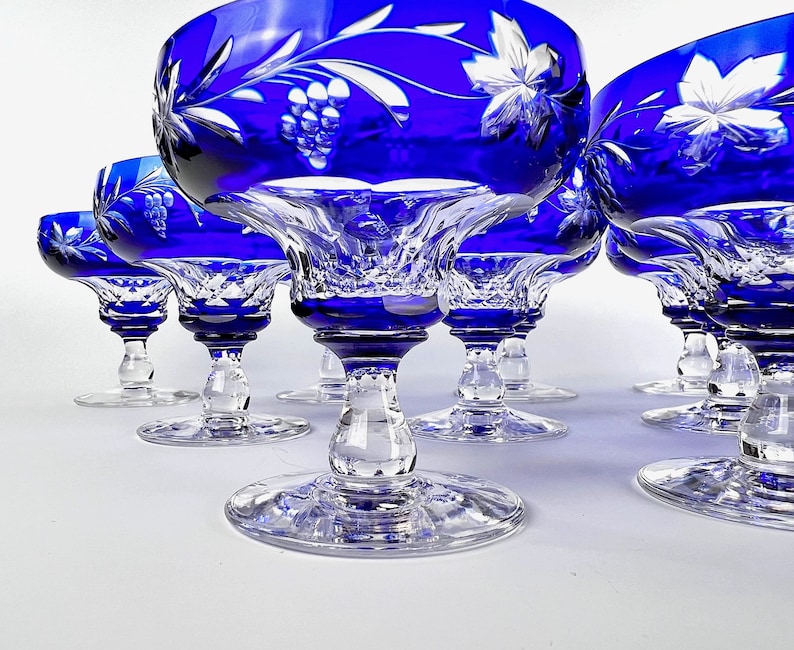 Vintage Val St Lambert 12 PCS Cobalt Blue VIGNES Pattern Champagnes ...