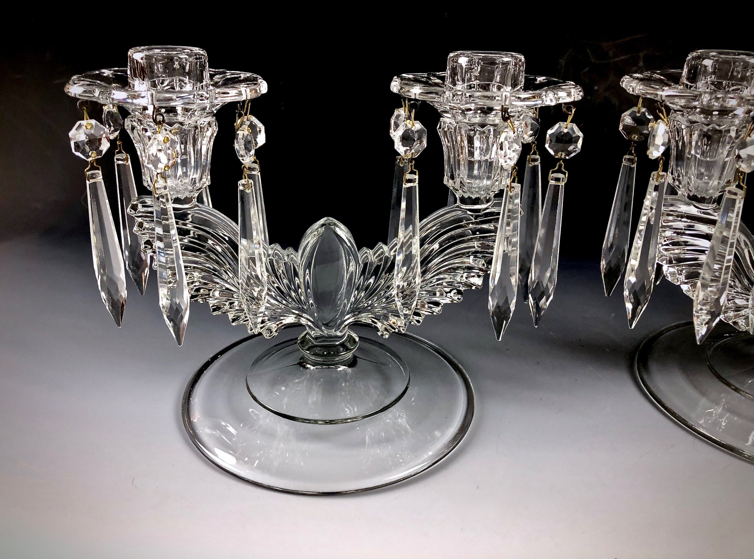 Vintage NEW MARTINSVILLE Crystal Eagles Pair of Double Candlesticks w ...