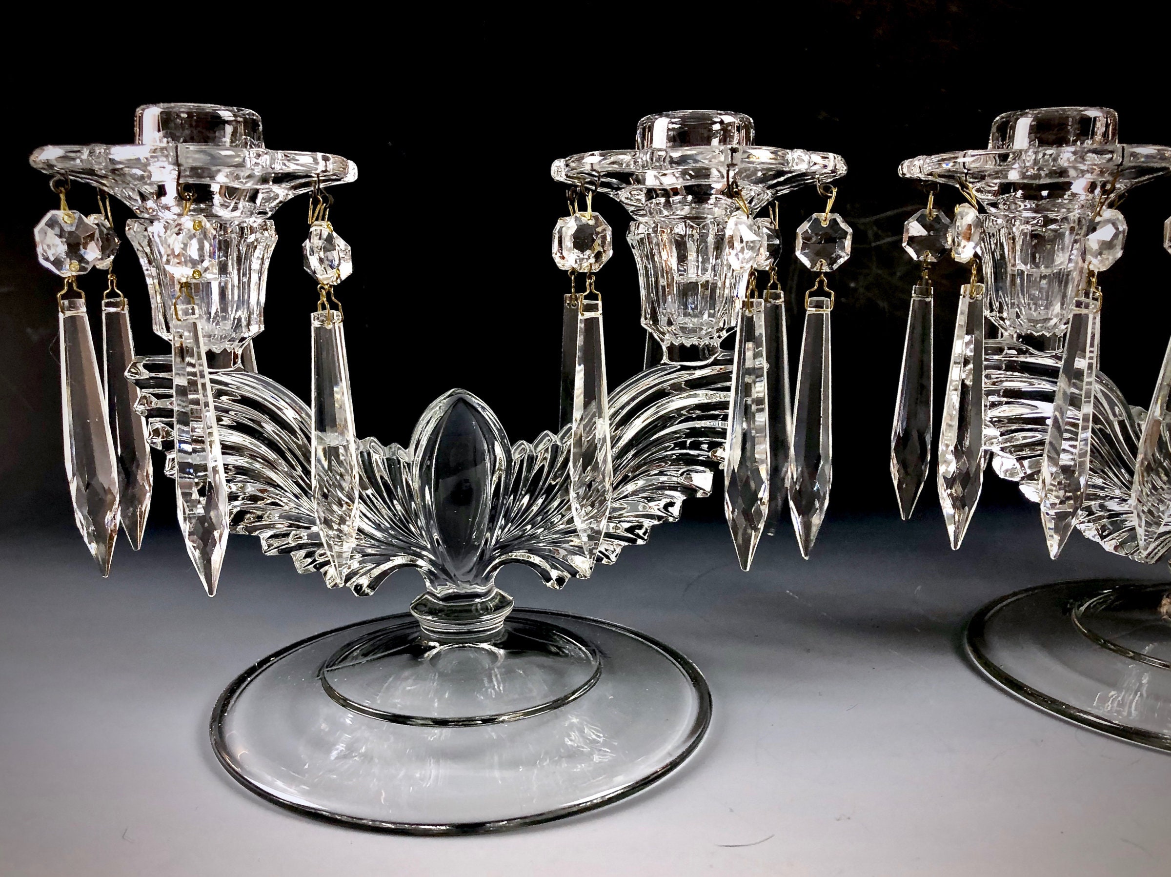 Vintage NEW MARTINSVILLE Crystal Eagles Pair of Double Candlesticks w ...