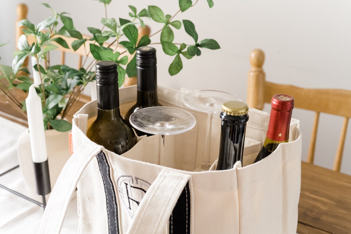 Four 4 Bottle Canvas Wine Tote With Embroidered Monogram - Etsy