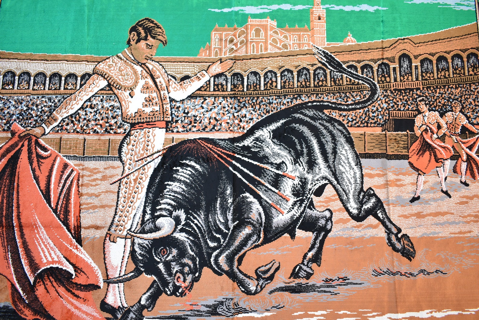 Vintage Bull Velvet Rug, 48'' X 61'' Awesome Pictorial Wall Hanging ...