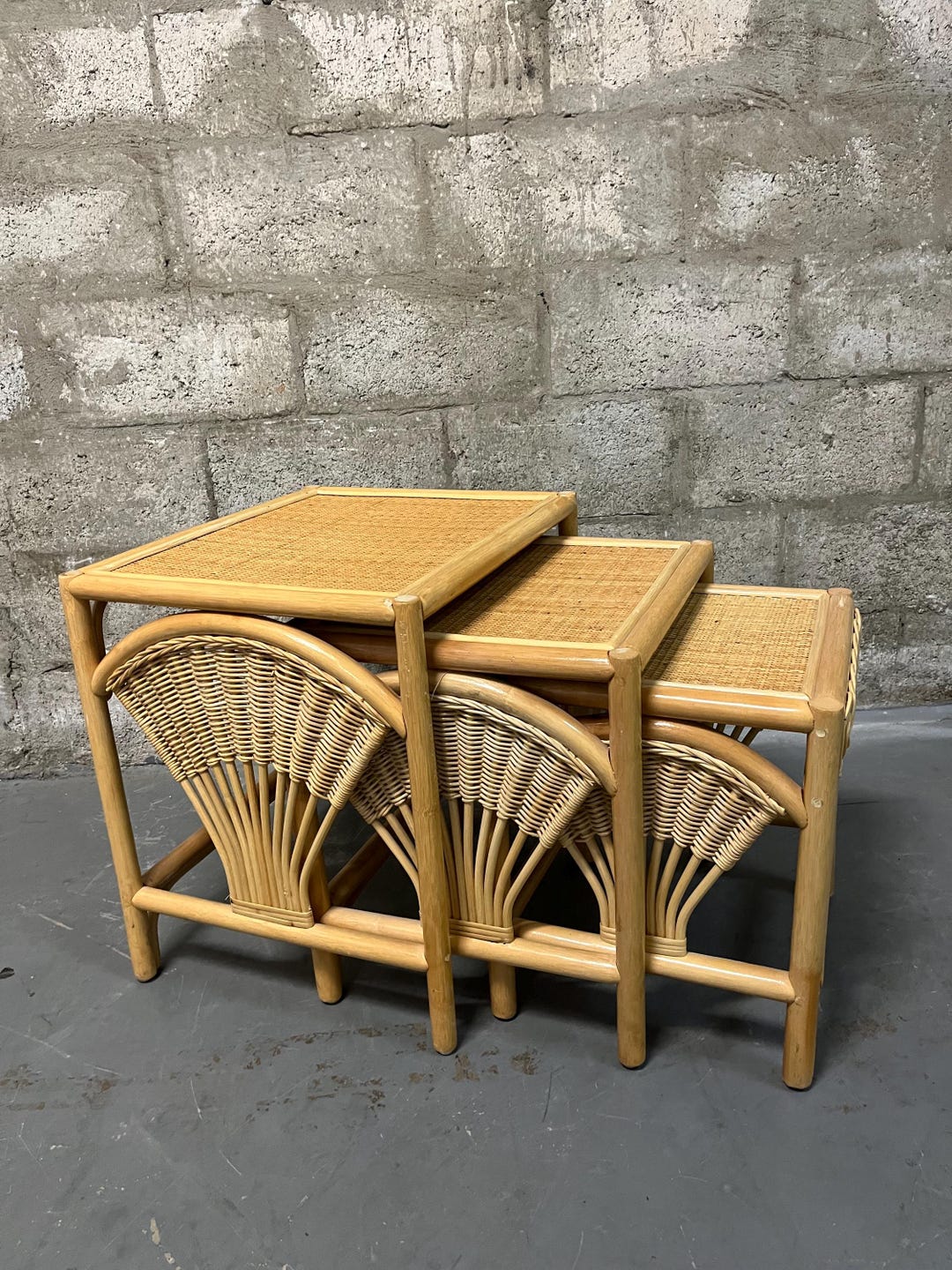 Vintage Coastal Style/ Bohemian Wheat Sheaf Rattan Nesting Tables ...