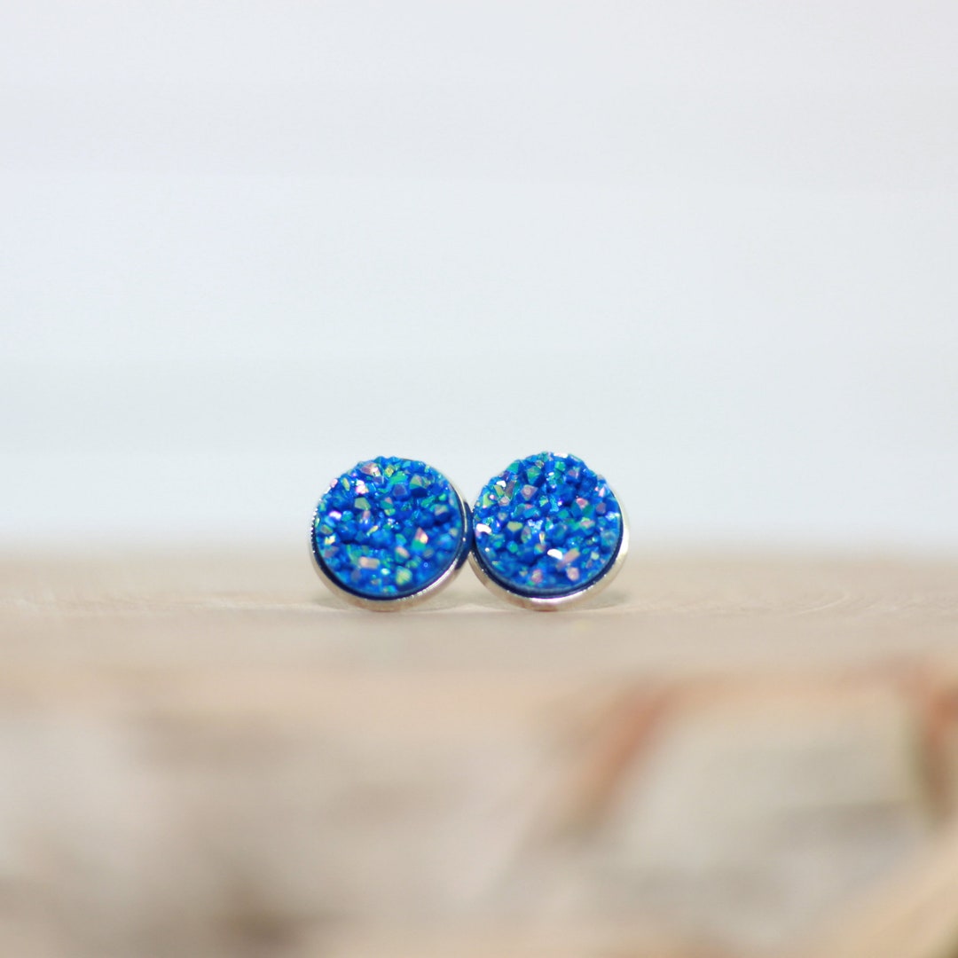 Blue Druzy Stud Earrings - Etsy