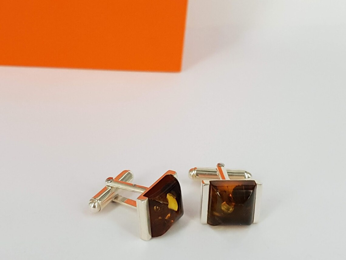 Elegant Rectangular Cufflinks for Men - Natural Baltic Amber - Silver ...