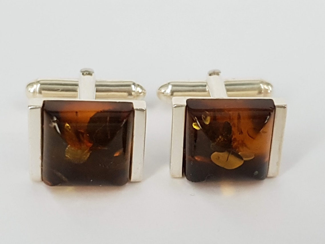 Elegant Rectangular Cufflinks for Men - Natural Baltic Amber - Silver ...