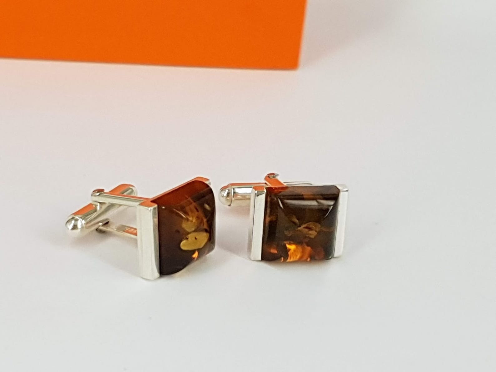 Elegant Rectangular Cufflinks for Men - Natural Baltic Amber - Silver ...