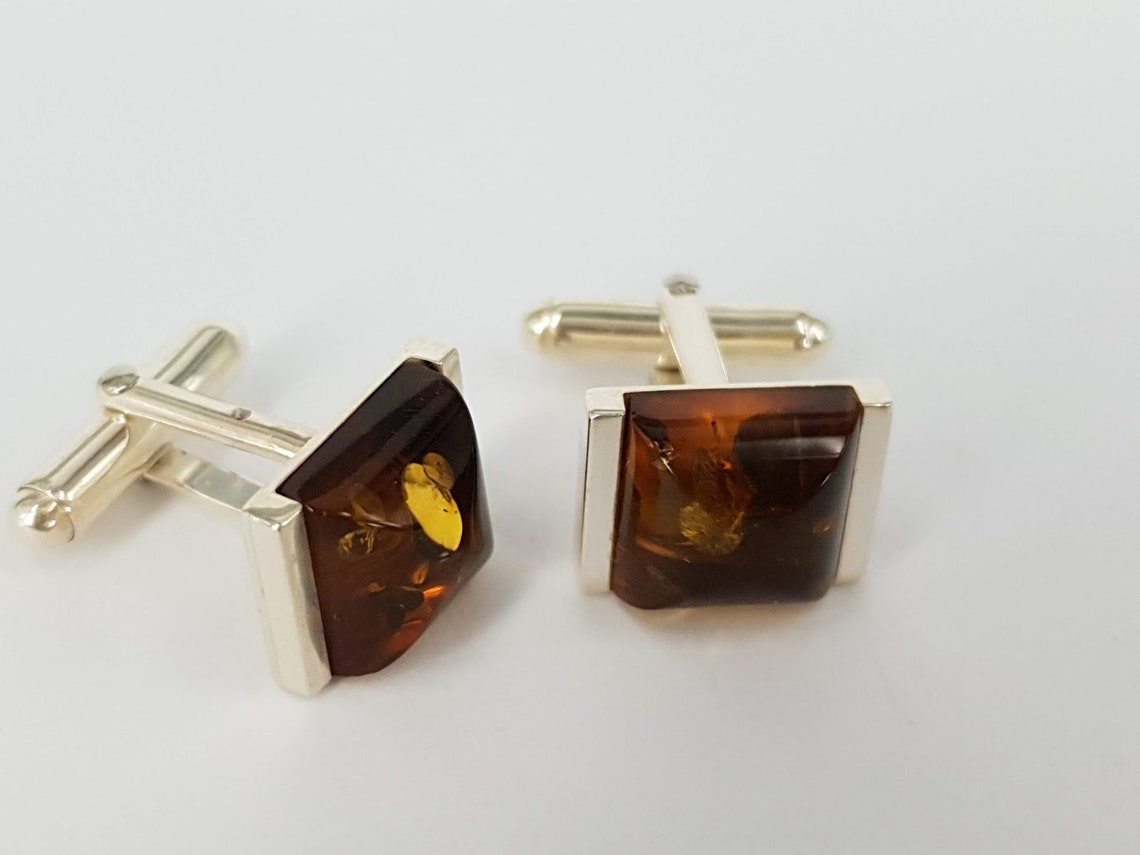 Elegant Rectangular Cufflinks for Men - Natural Baltic Amber - Silver ...