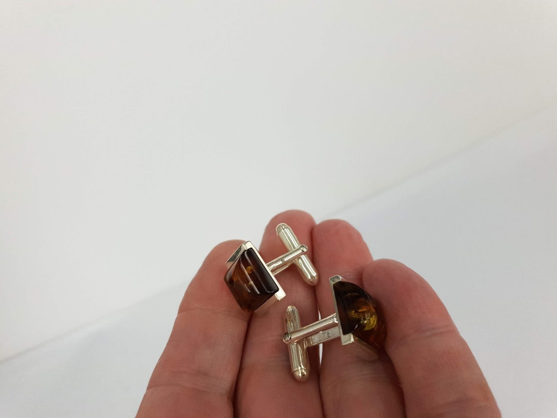 Elegant Rectangular Cufflinks for Men - Natural Baltic Amber - Silver ...