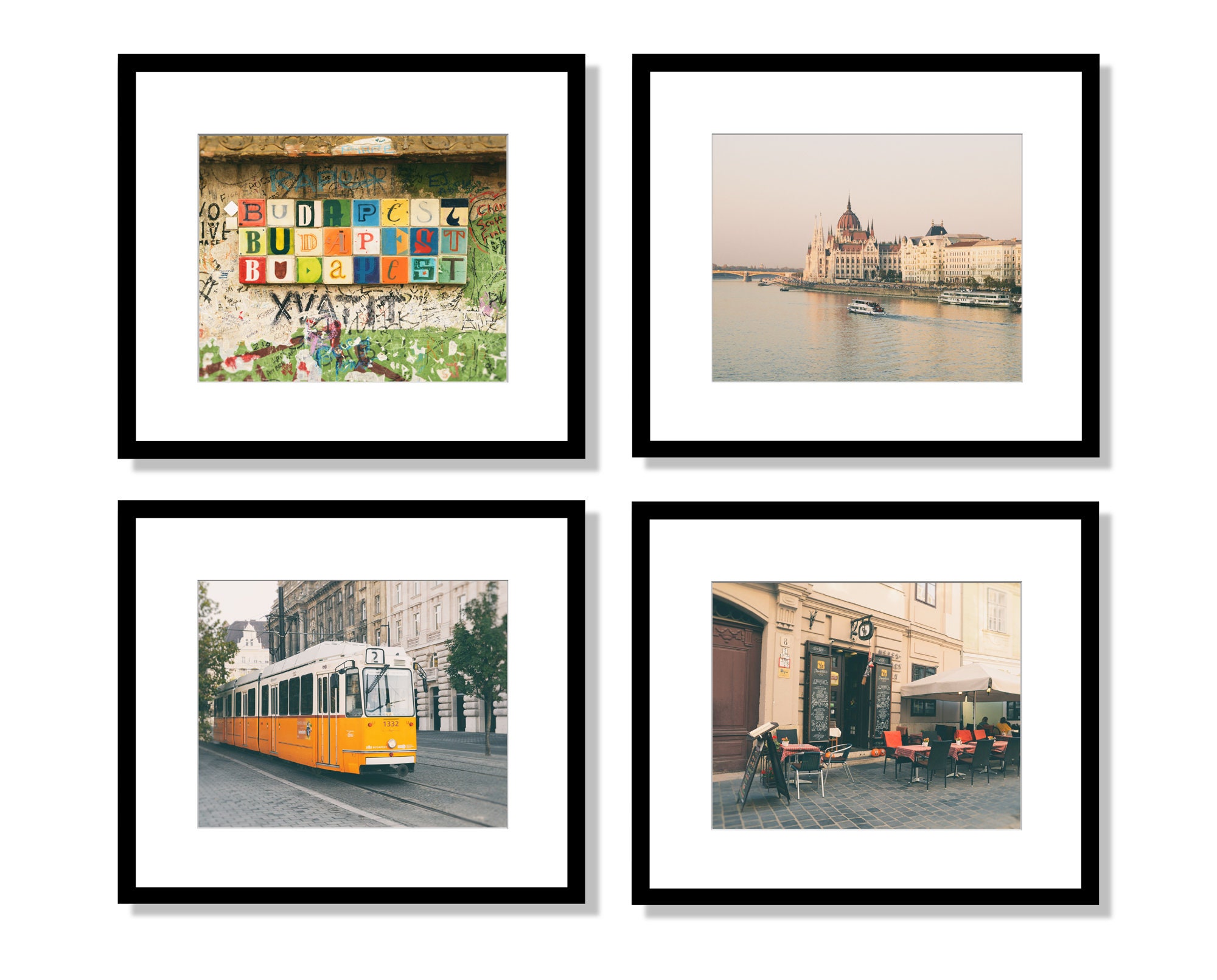 Budapest Wall Art, Set of 4 Prints, Skyline, Parliament, Tram, Cafe ...
