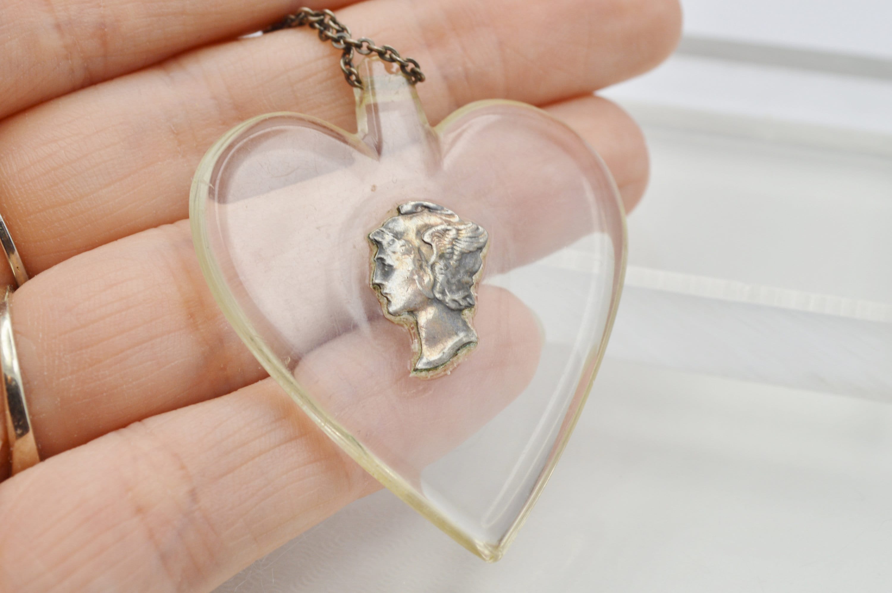 Vintage Lucite Heart With Inset Cut Mercury Dime Pendant Necklace - Etsy