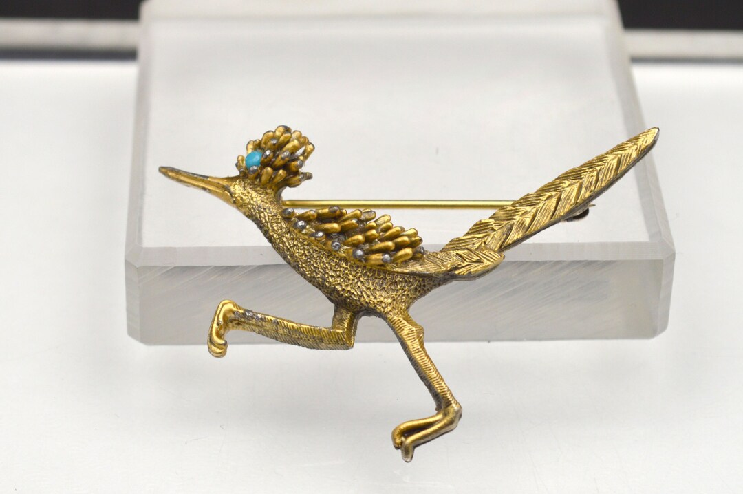 Vintage Signed Tortolani Gold Tone Roadrunner Bird With Faux Turquoise ...