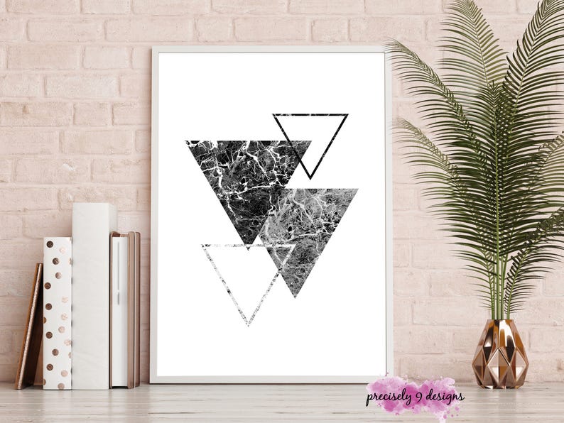 Scandinavian Layered Marble Triangle Art, Black White and Grey Marble ...