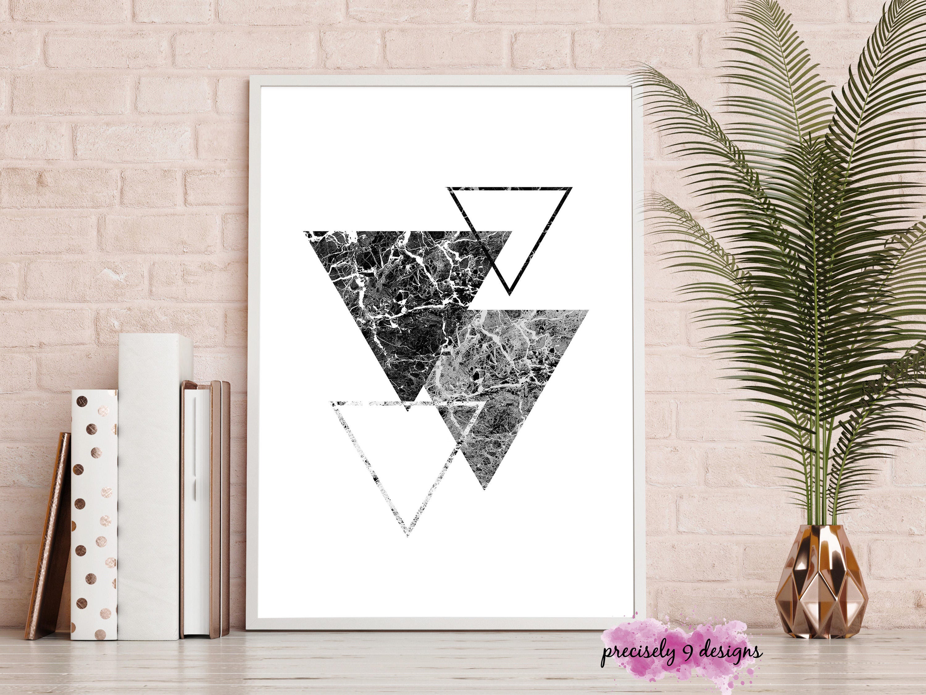 Scandinavian Layered Marble Triangle Art, Black White and Grey Marble ...