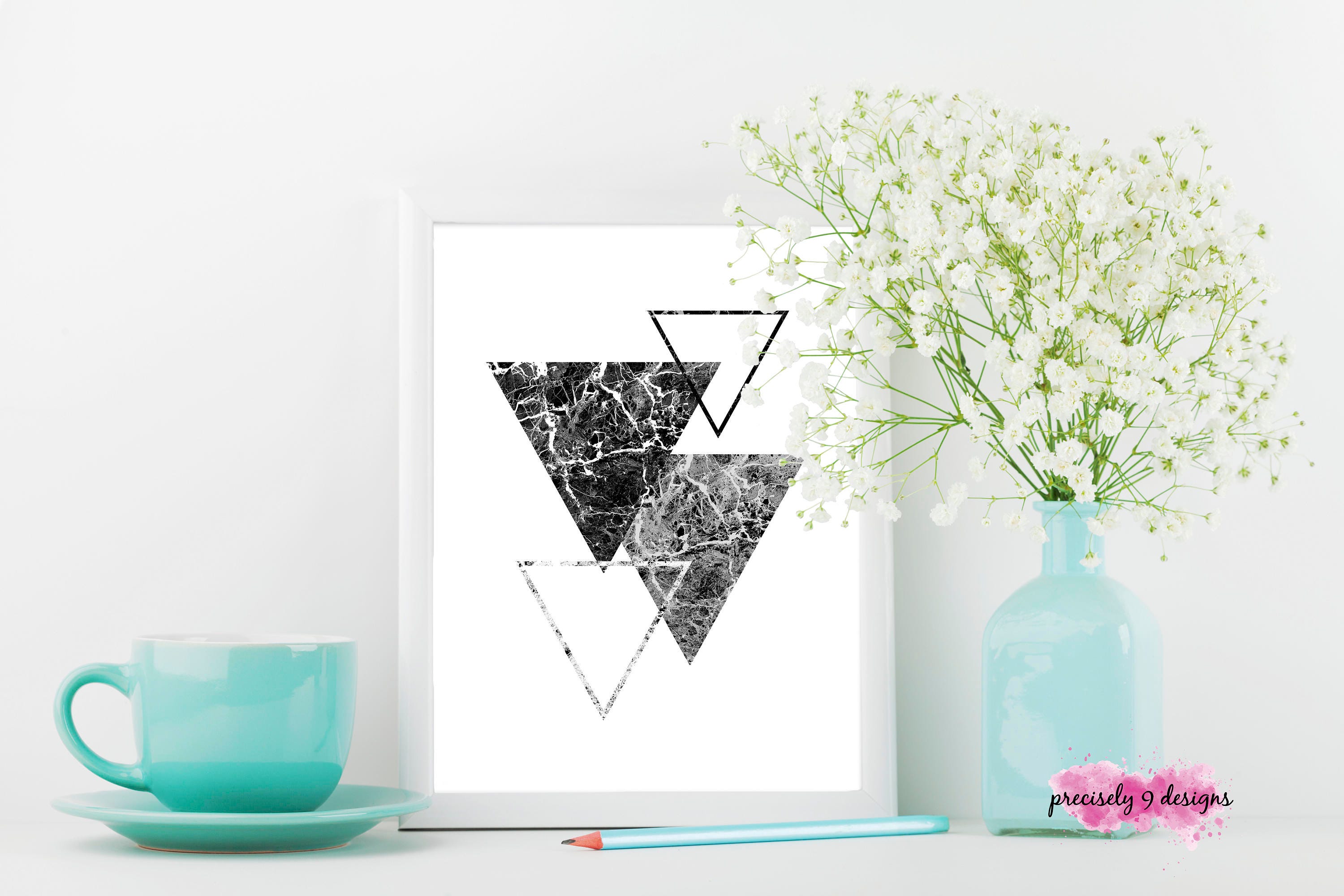 Scandinavian Layered Marble Triangle Art, Black White and Grey Marble ...