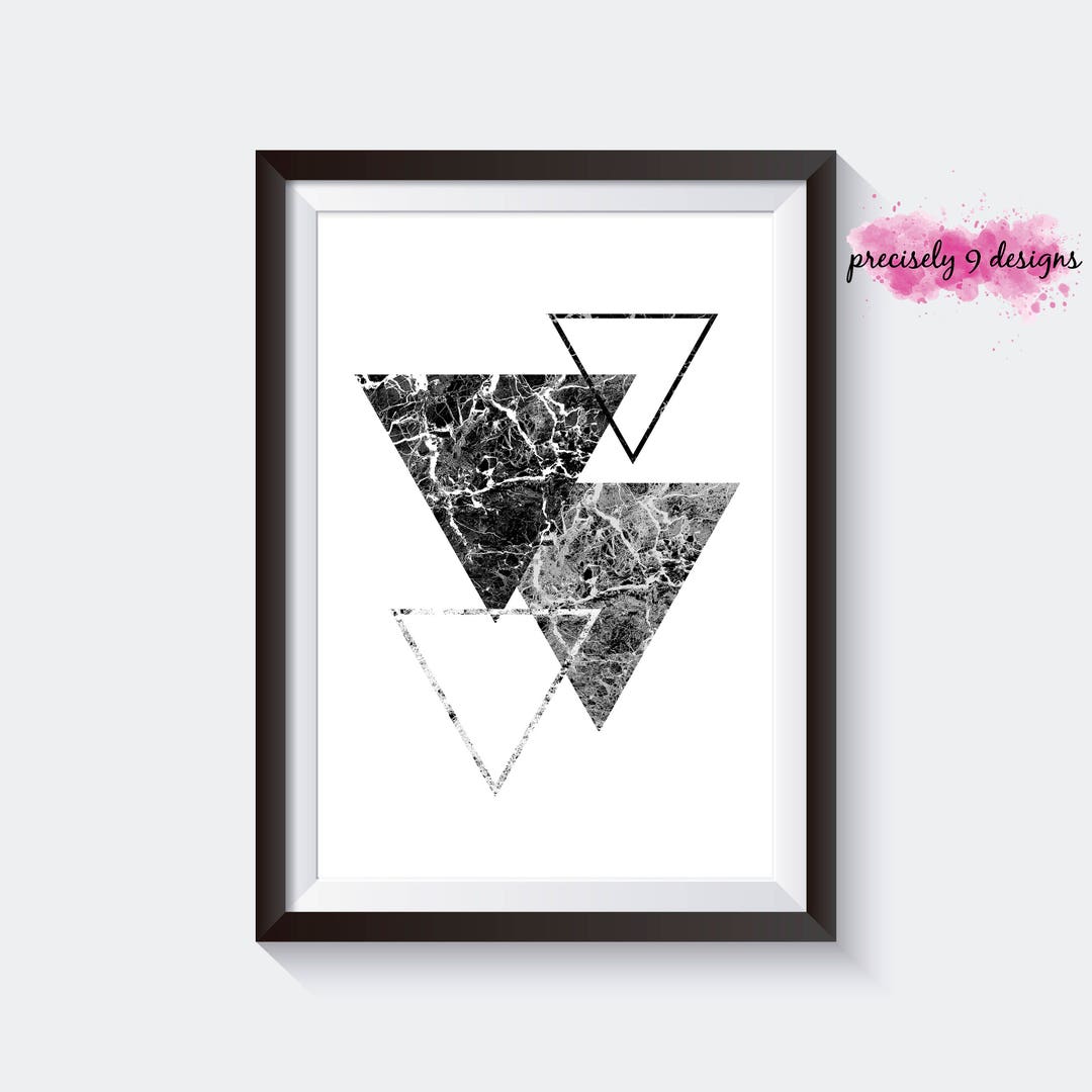 Scandinavian Layered Marble Triangle Art, Black White and Grey Marble ...