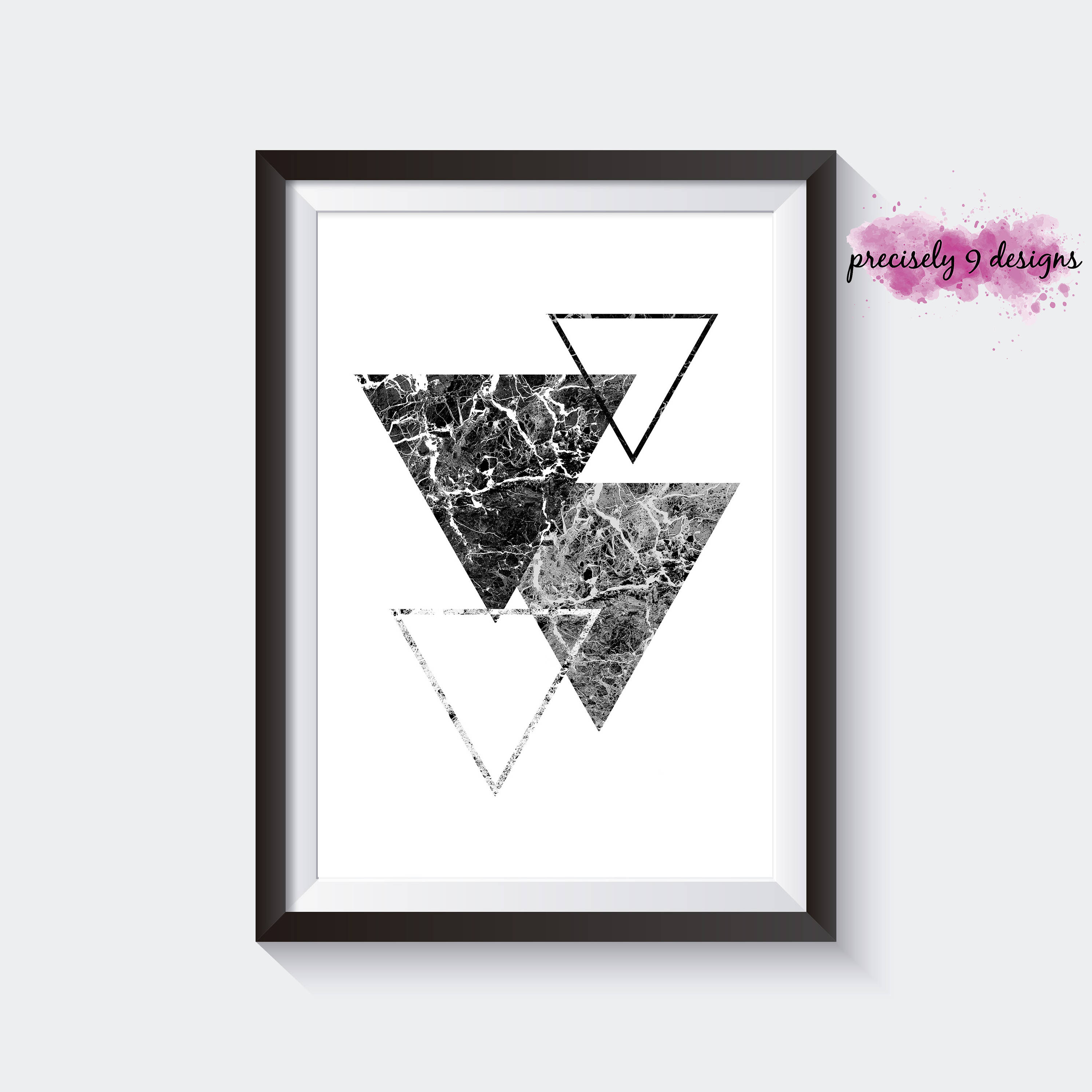 Scandinavian Layered Marble Triangle Art, Black White and Grey Marble ...