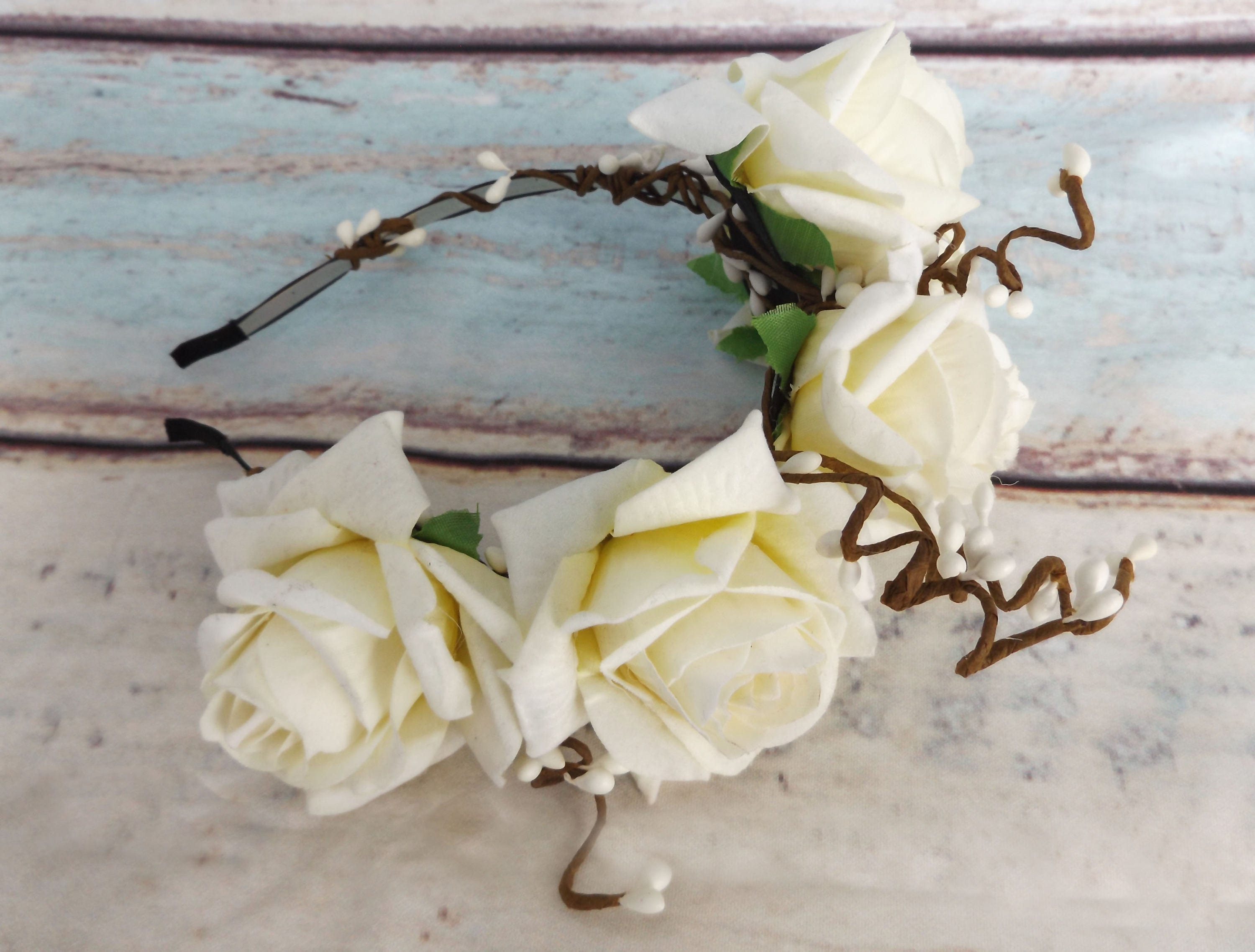 Asymmetrical Hair Flower Crown White Twisted Vine Berry Rose Floral ...