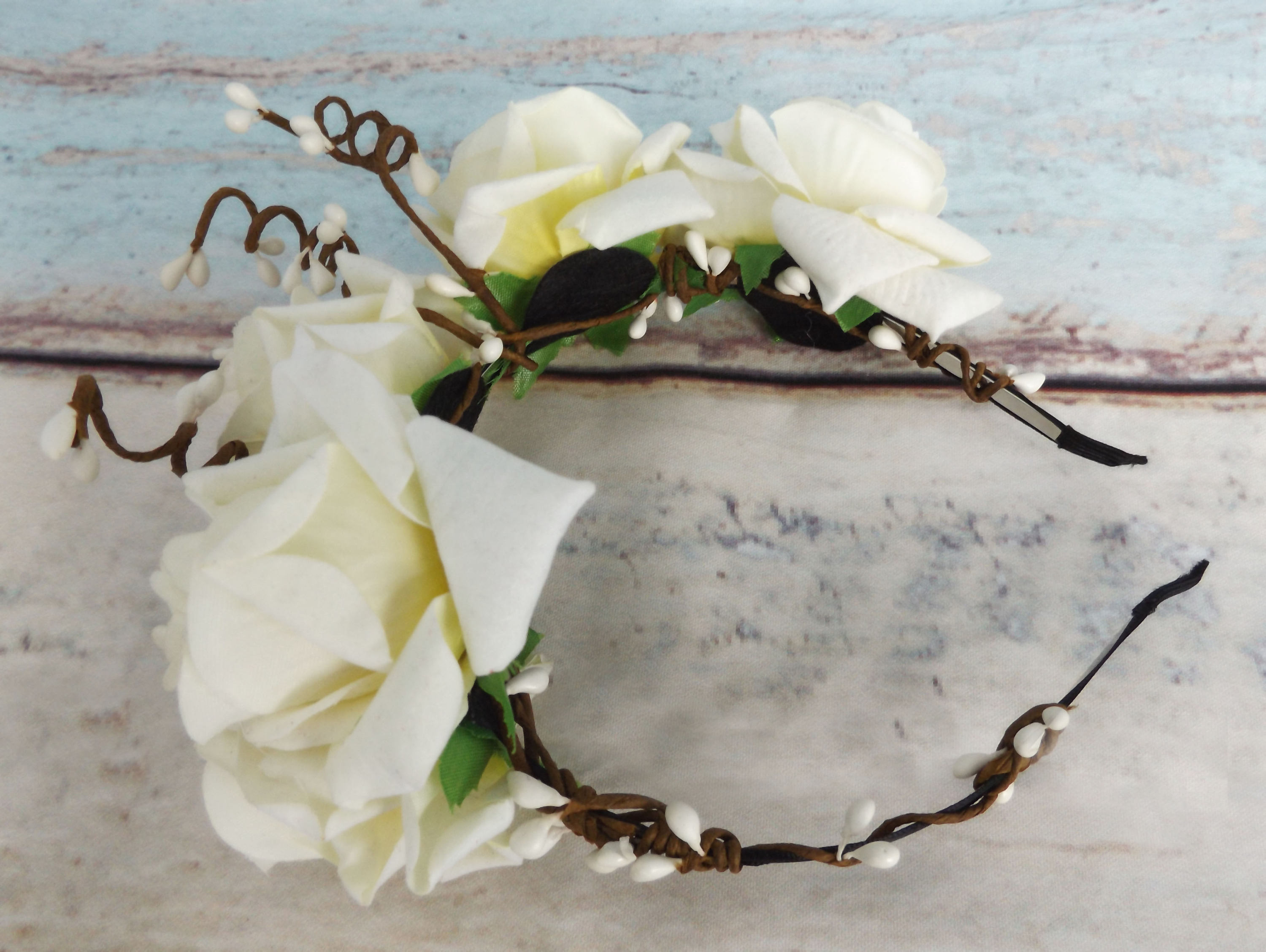 Asymmetrical Hair Flower Crown White Twisted Vine Berry Rose Floral ...