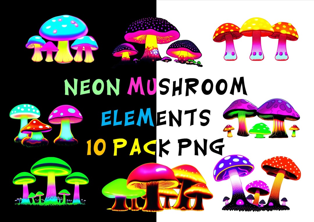 Glowing PNG Elements Download neon Mushrooms Clipart 10 Pack Graphic ...