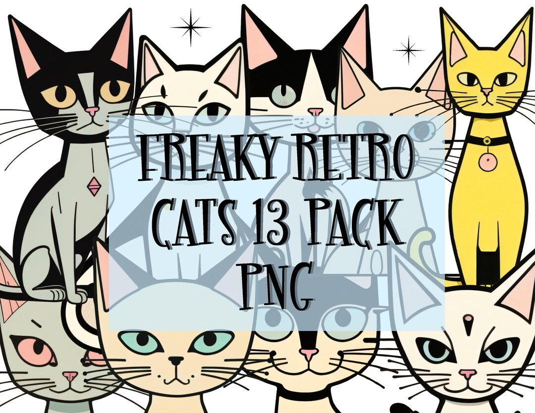 MID CENTURY PNG Elements Download "freaky Retro Cats" Clipart 13 Pack ...