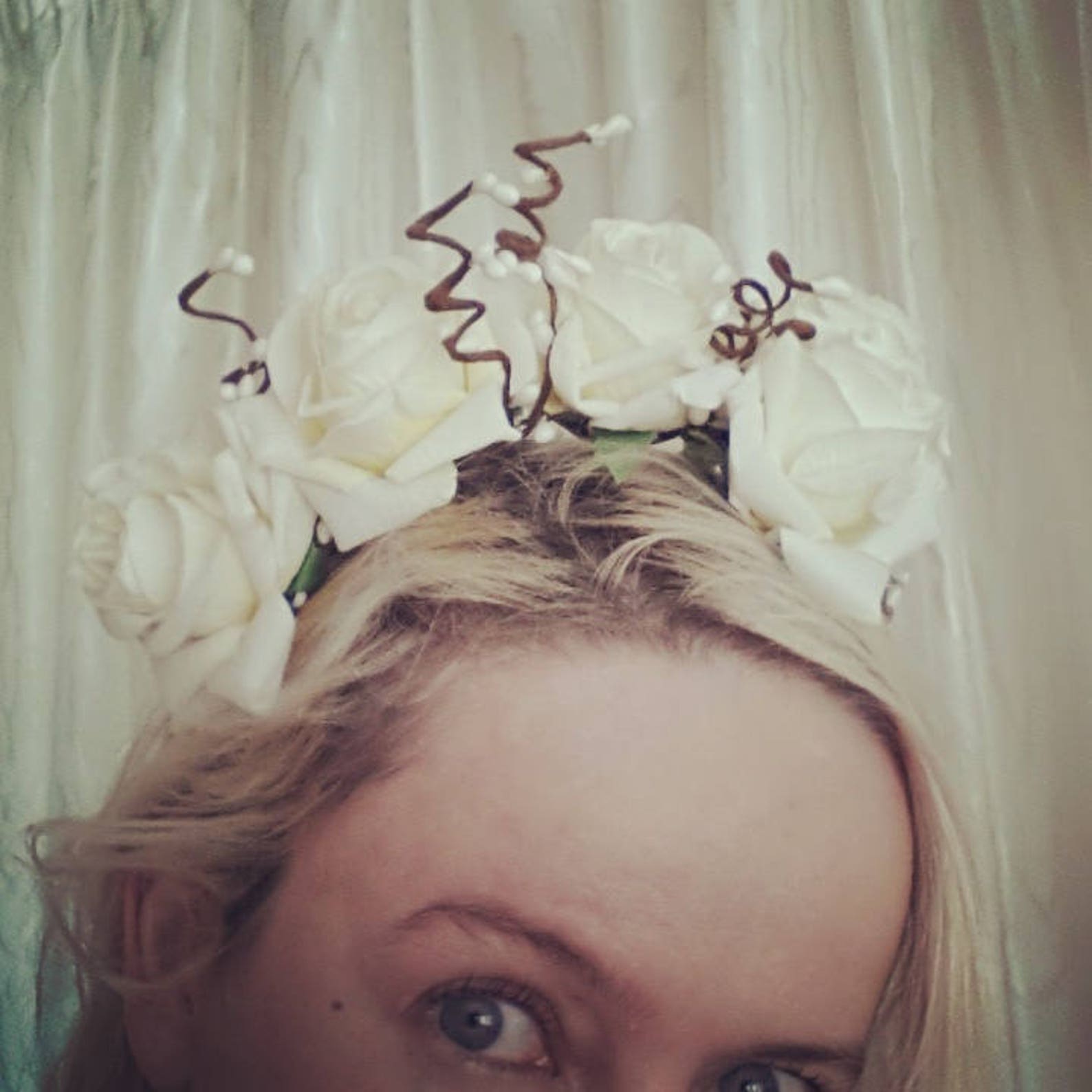 Asymmetrical Hair Flower Crown White Twisted Vine Berry Rose Floral ...