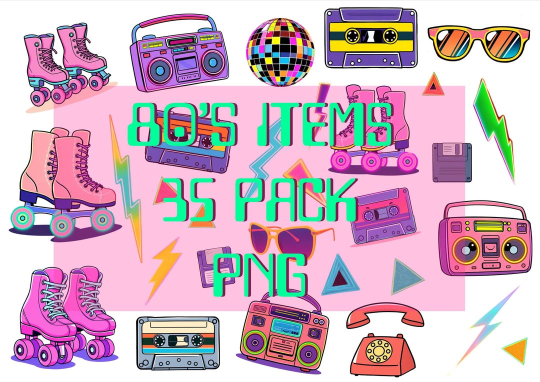 1980's PNG Elements Download "80's Items 35 Pack" Clipart Graphic Retro ...