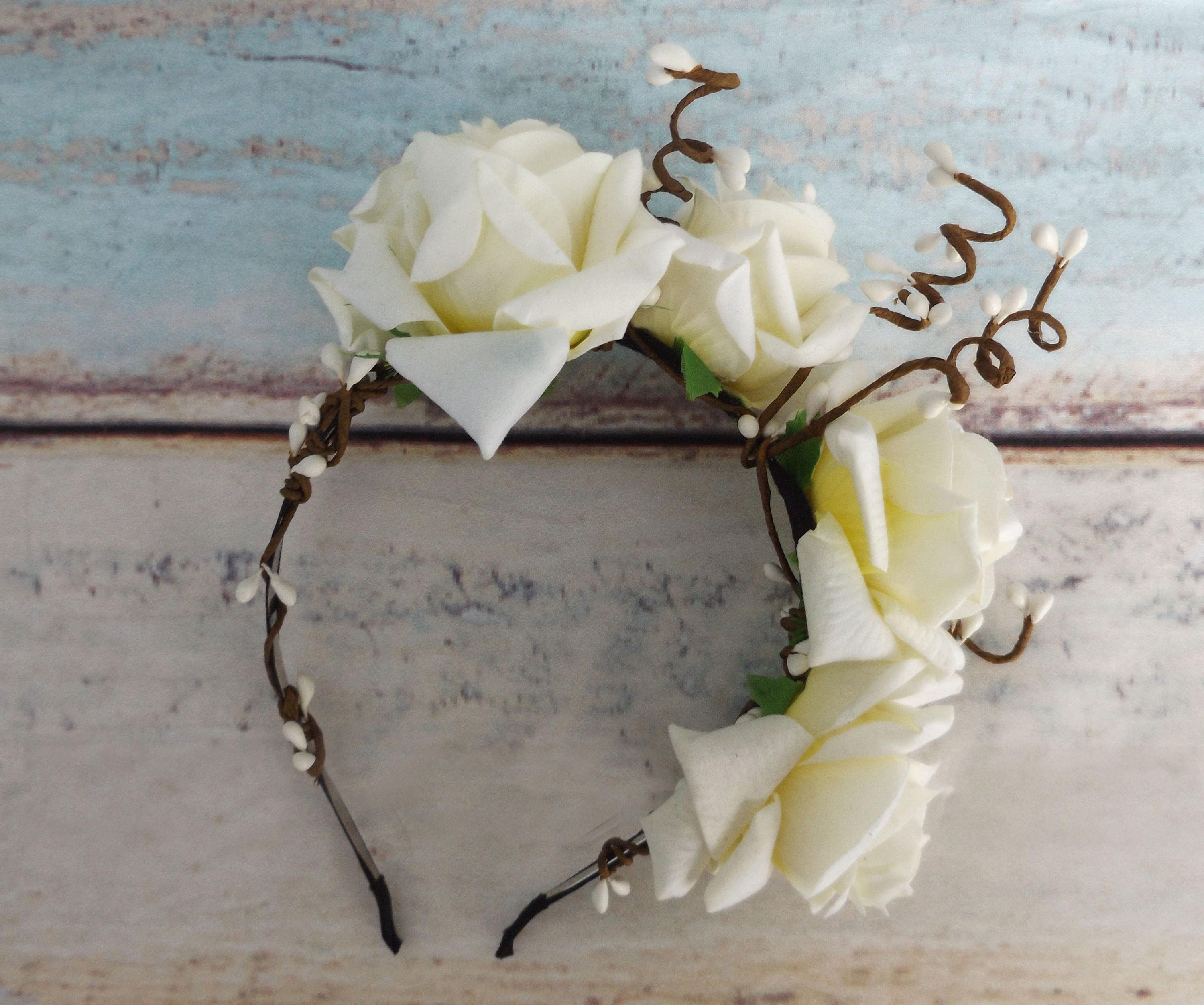 Asymmetrical Hair Flower Crown White Twisted Vine Berry Rose Floral ...