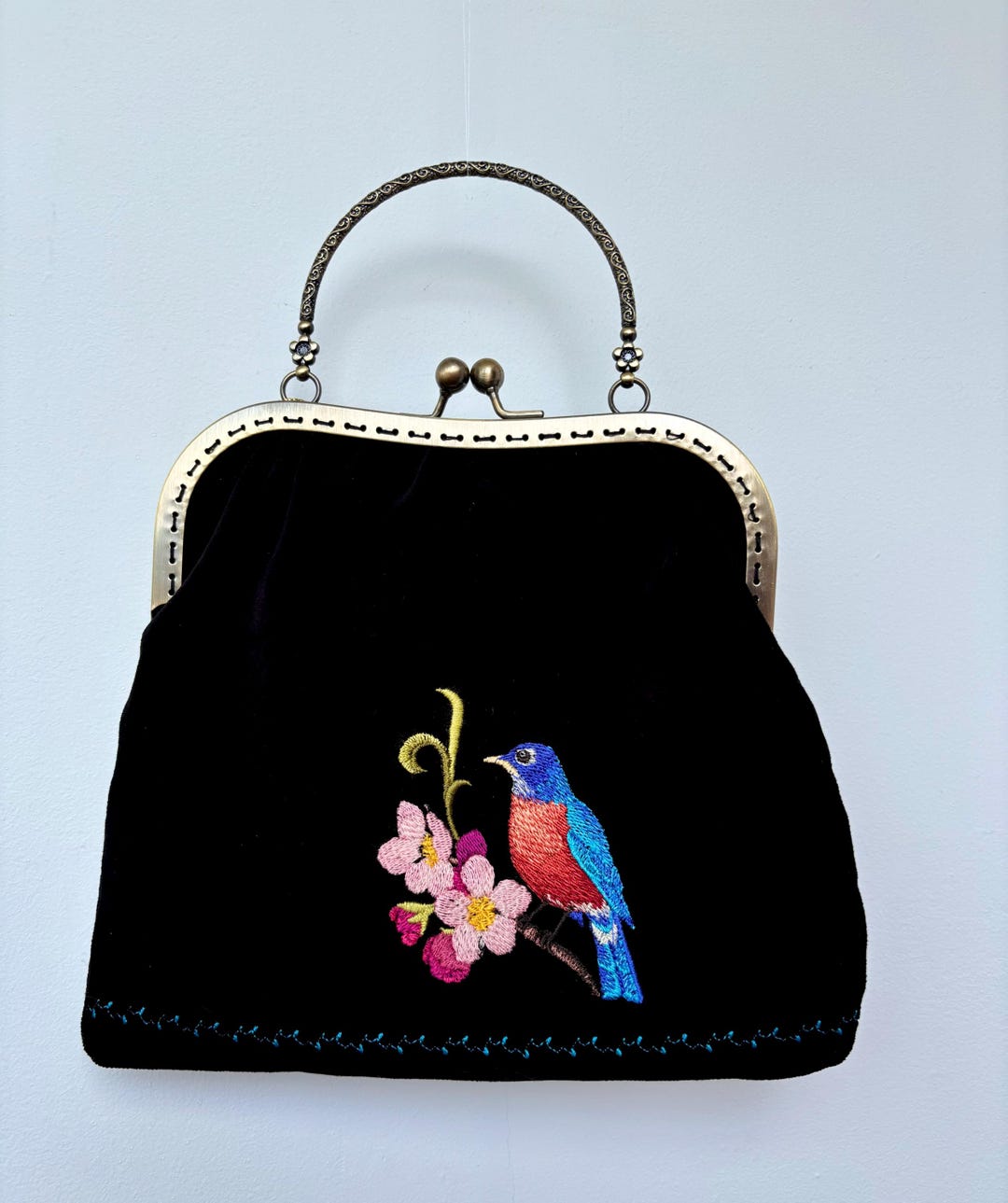 Vintage Bird and Cherry Flower Embroidery Black Velvet Evening Purse ...