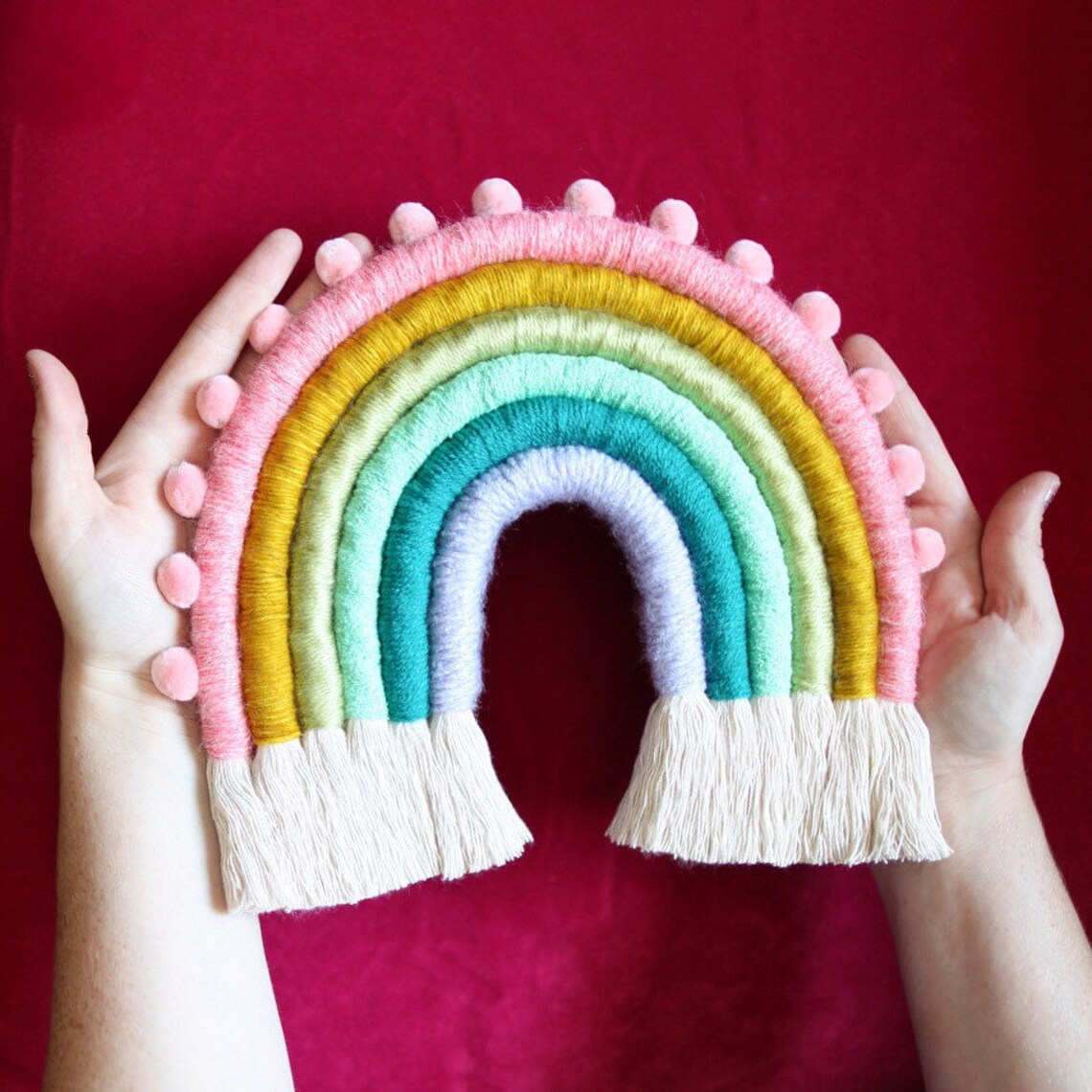 Fiber Rainbow Colorful With Pom Poms Wall Hanging - Etsy