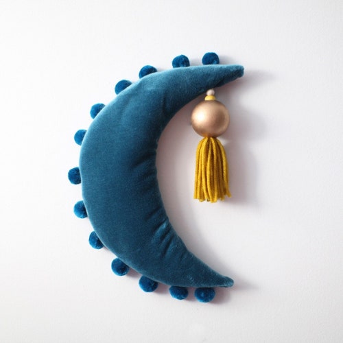 Teal Crescent Moon With Golden Tassel Velvet Art Wall Hanging - Etsy